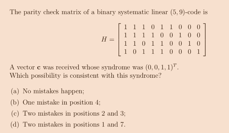 Solved The parity check matrix of a binary systematic linear | Chegg.com