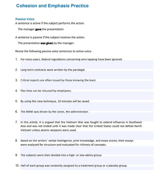 Cohesion and Emphasis Practice Passive Voice A | Chegg.com