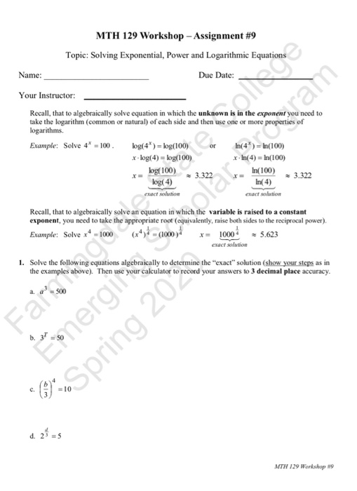 Solved MTH 129 Workshop - Assignment #9 Topic: Solving | Chegg.com