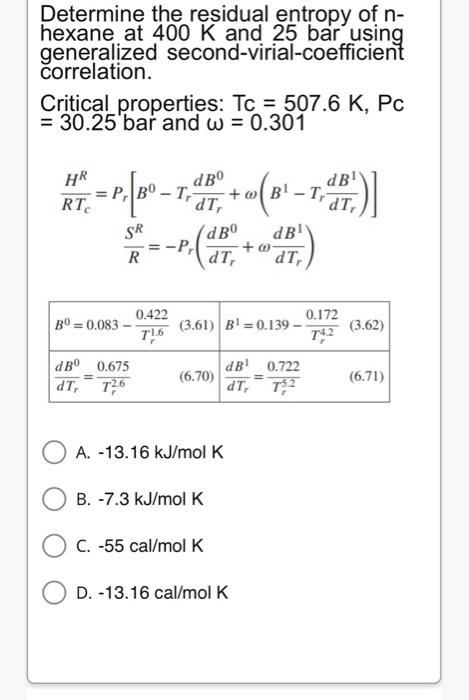 Determine the residual entropy of n- hexane at 400 K | Chegg.com