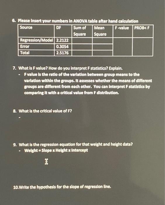 Solved 6. Please insert your numbers in ANOVA table after | Chegg.com
