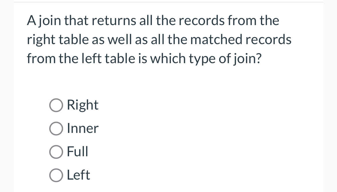 Solved A join that returns all the records from the right | Chegg.com