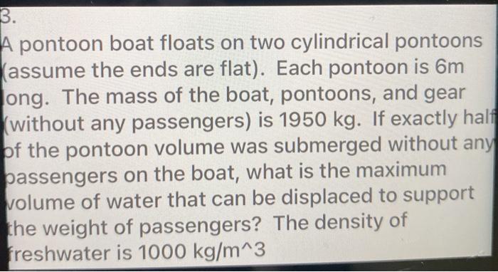 Solved 3. A pontoon boat floats on two cylindrical pontoons | Chegg.com
