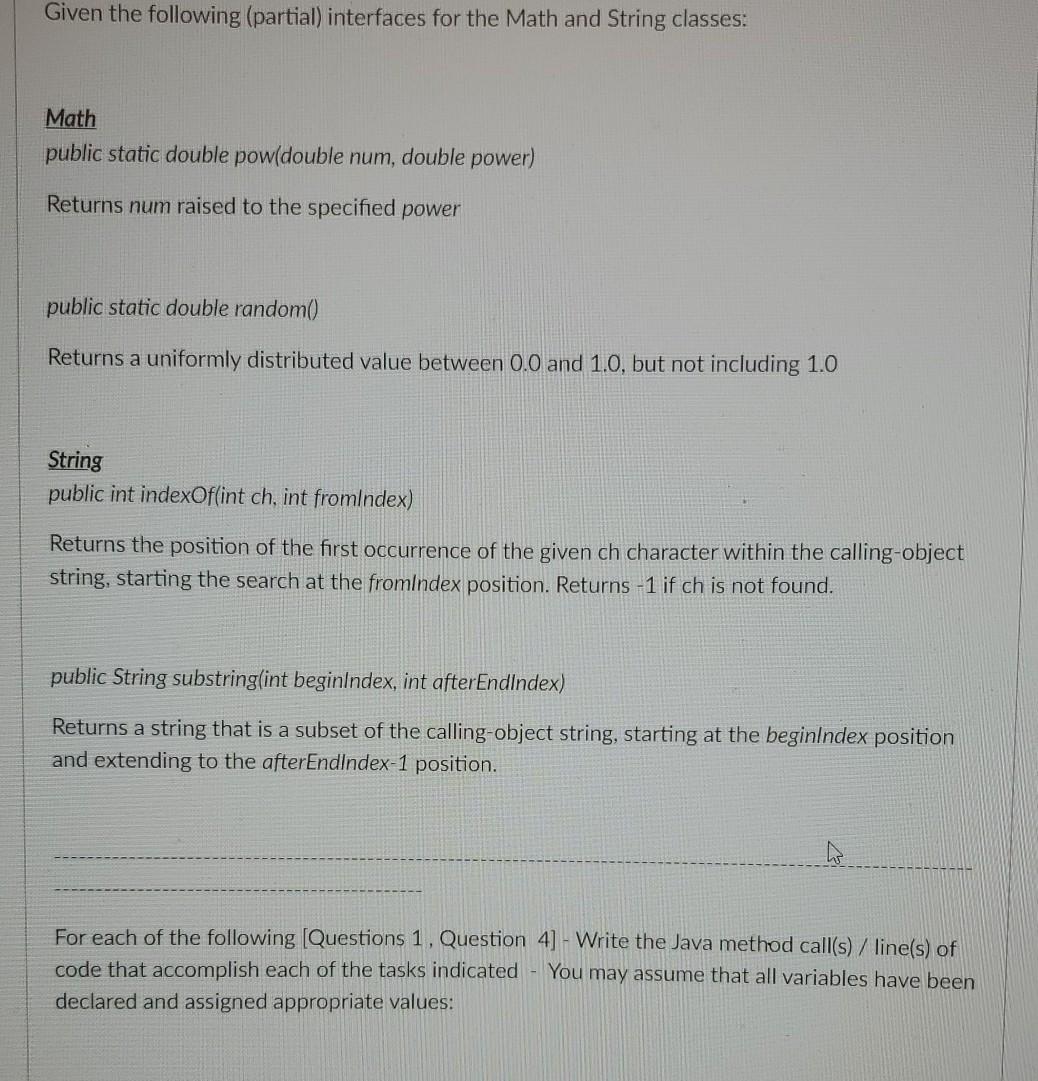 Solved Given the following (partial) interfaces for the Math | Chegg.com