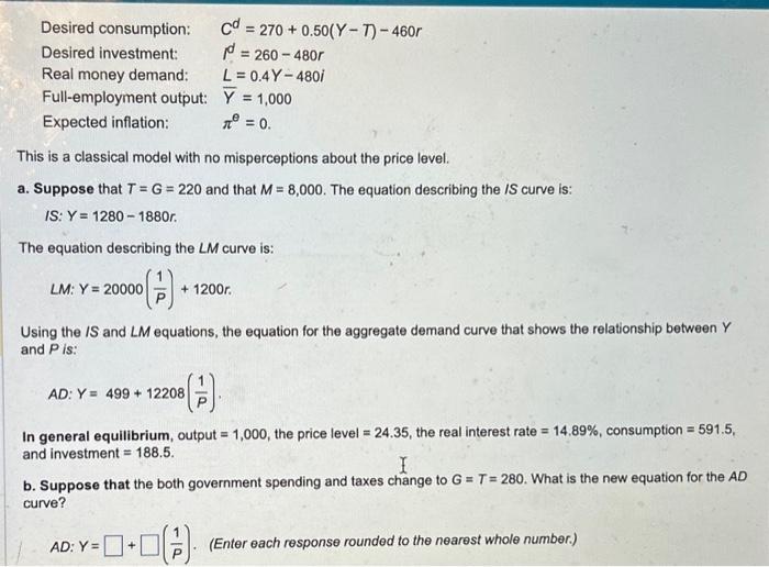 Solved Desired consumption: Cd=270+0.50(Y−T)−460r Desired | Chegg.com