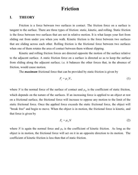 Solved Friction Is A Force Between Two Surfaces In Contact
