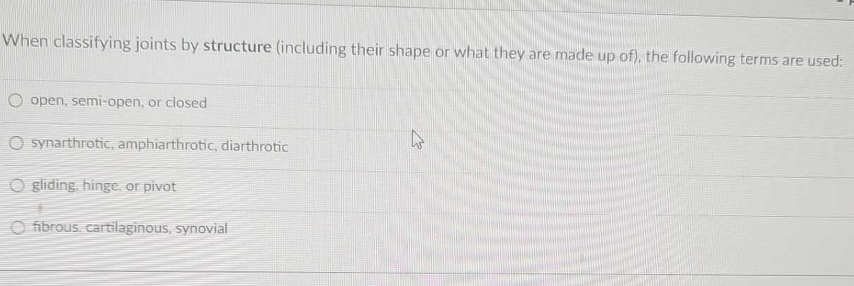 Solved When classifying joints by structure (including their | Chegg.com