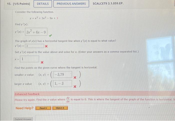 Solved Consider the following function. y=x3+3x2−9x+3 Find | Chegg.com
