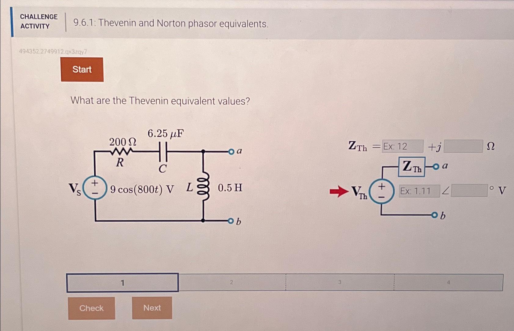 Solved CHALLENGEACTIVITY9.6.1: Thevenin and Norton phasor | Chegg.com