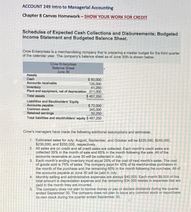 Solved ACCOUNT 249 Intro to Managerial Accounting Chapter 8 | Chegg.com