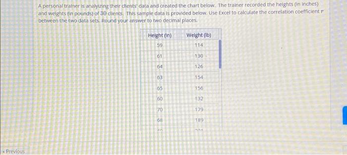 4 Previous A personal trainer is analyizing their | Chegg.com