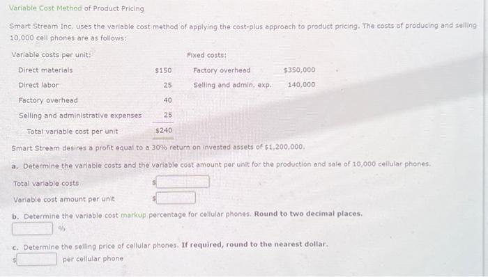 Solved Variable Cost Method of Product Pricing Smart Stream | Chegg.com
