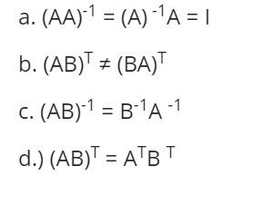 Solved a. (AA)−1=(A)−1A=1 b. (AB)⊤ =(BA)⊤ c. (AB)−1=B−1A−1 | Chegg.com