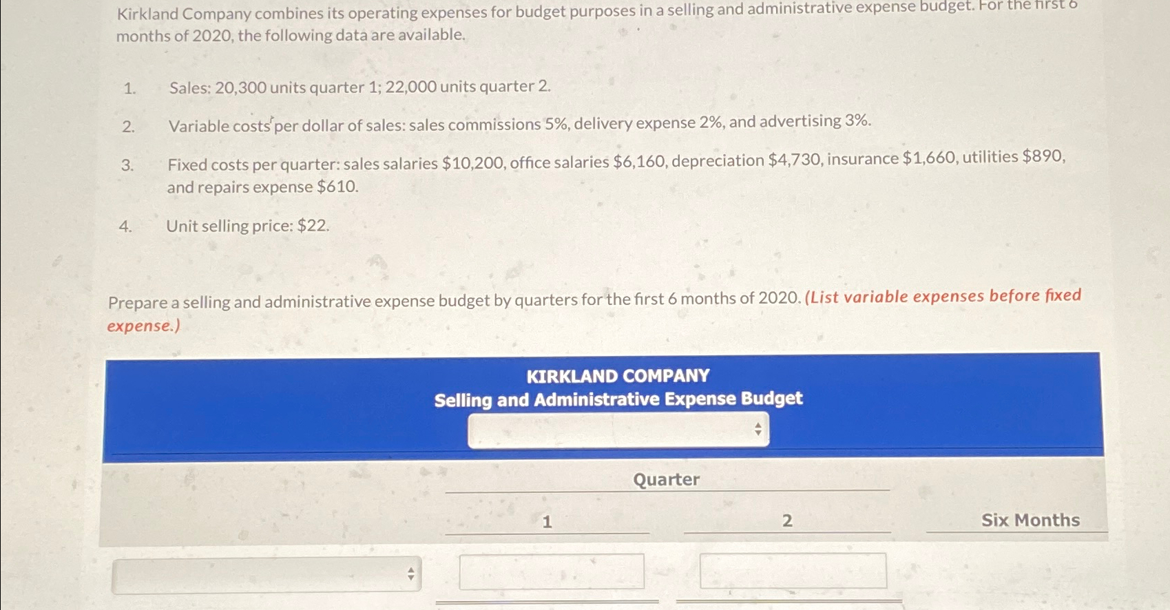 Solved Kirkland Company combines its operating expenses for | Chegg.com