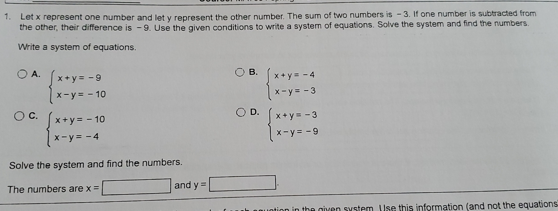 Solved Let x ﻿represent one number and let y ﻿represent the | Chegg.com