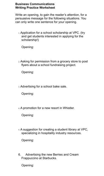 Solved Business Communications Writing Practice Worksheet | Chegg.com