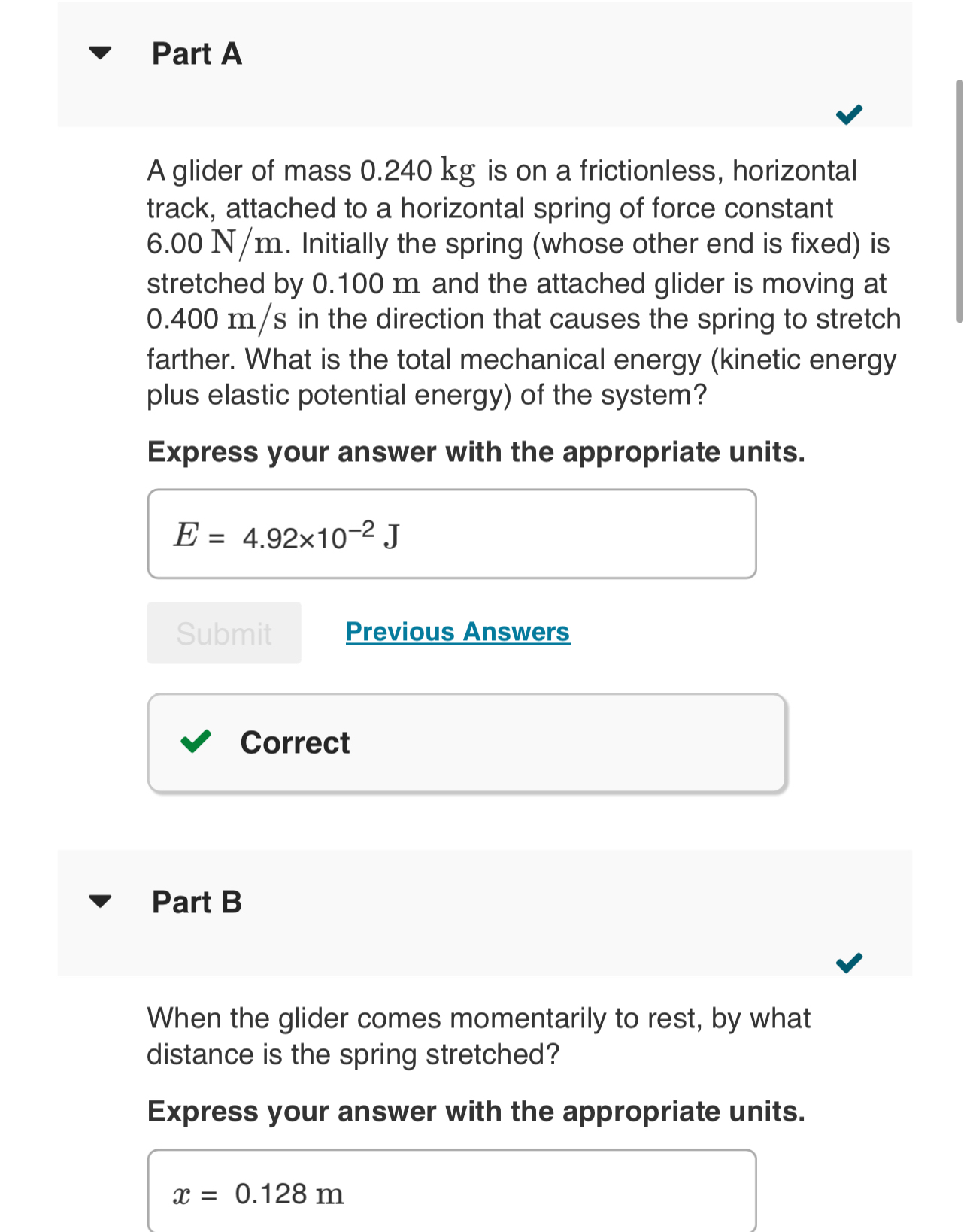 Solved Part AA glider of mass 0.240kg ﻿is on a frictionless, | Chegg.com