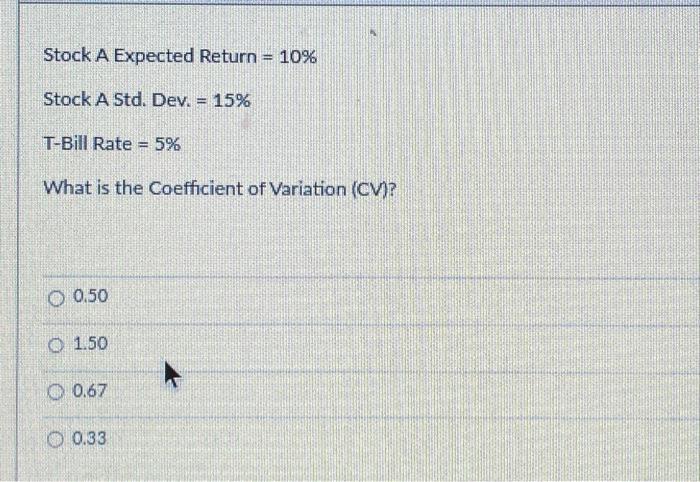 Solved Stock A Expected Return =10% Stock A Std. Dev. =15% | Chegg.com