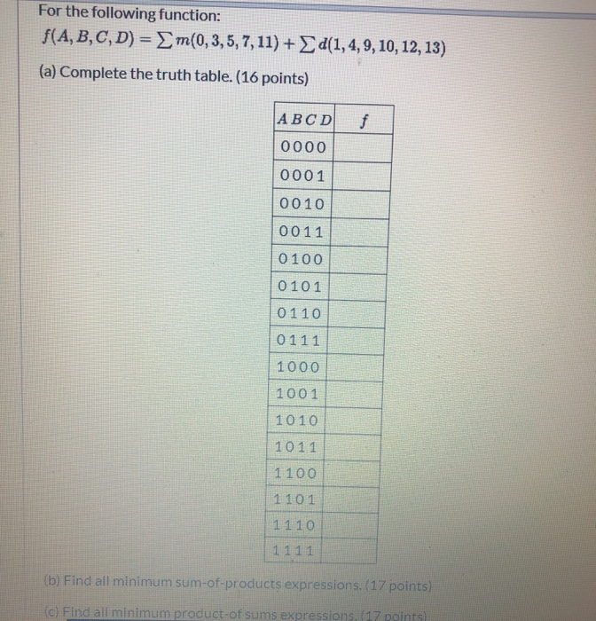 Solved For the following function: f(A,B,C,D) = m(0,3,5, 7, | Chegg.com