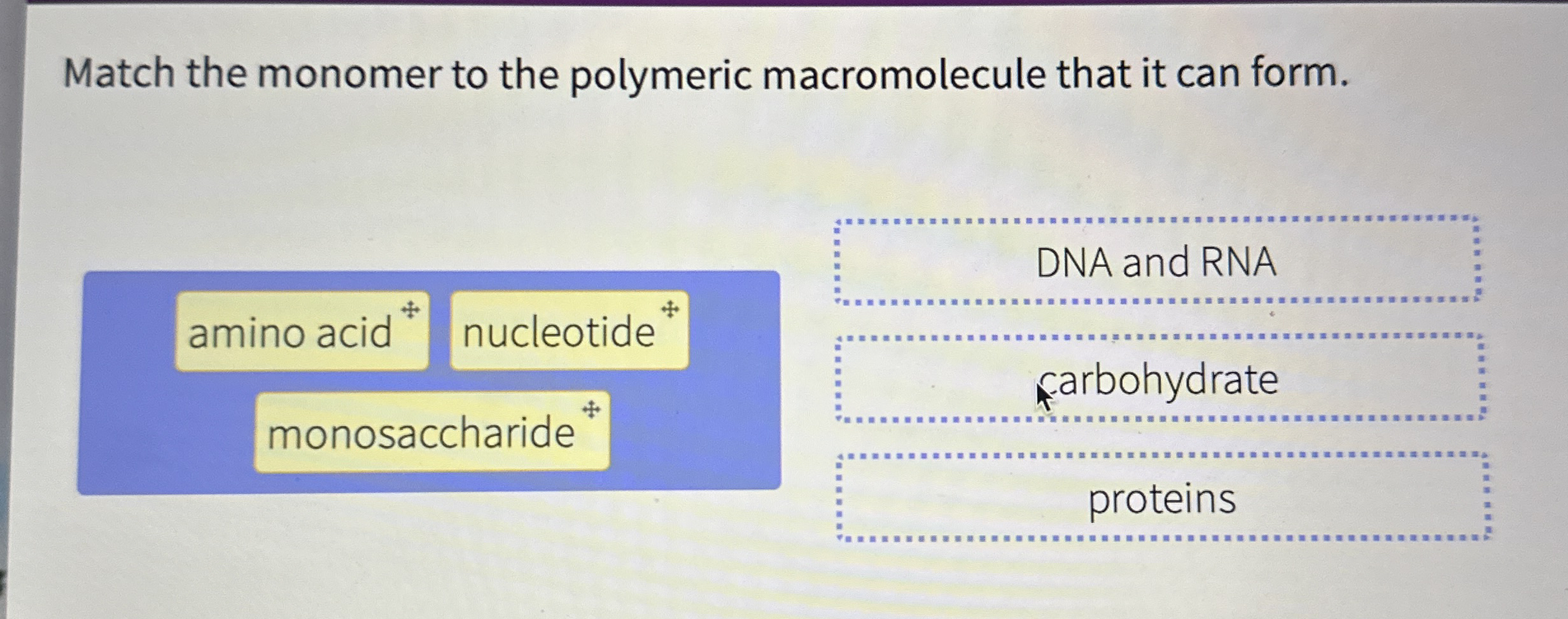 Solved Match the monomer to the polymeric macromolecule that | Chegg.com