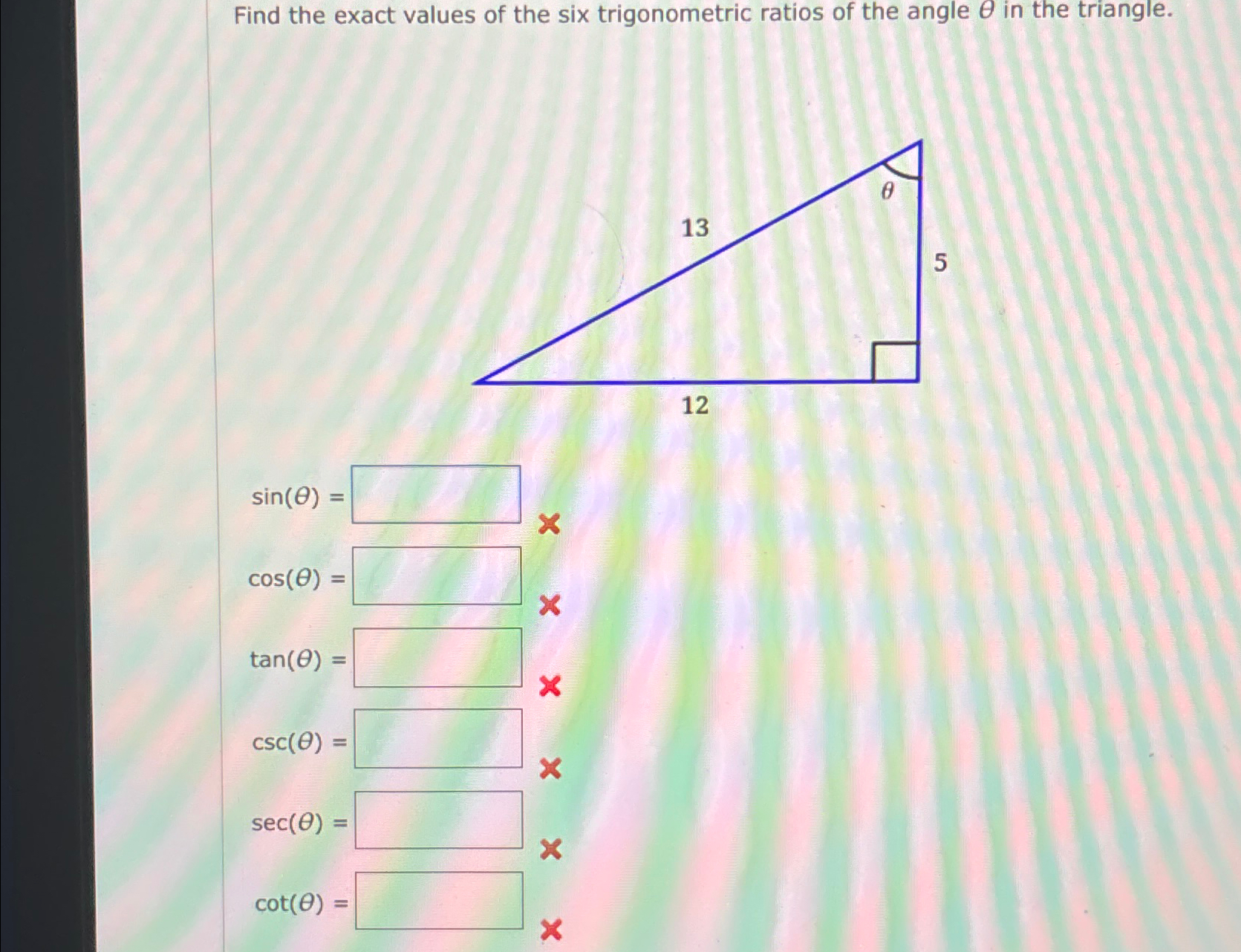 Solved Find the exact values of the six trigonometric ratios | Chegg.com