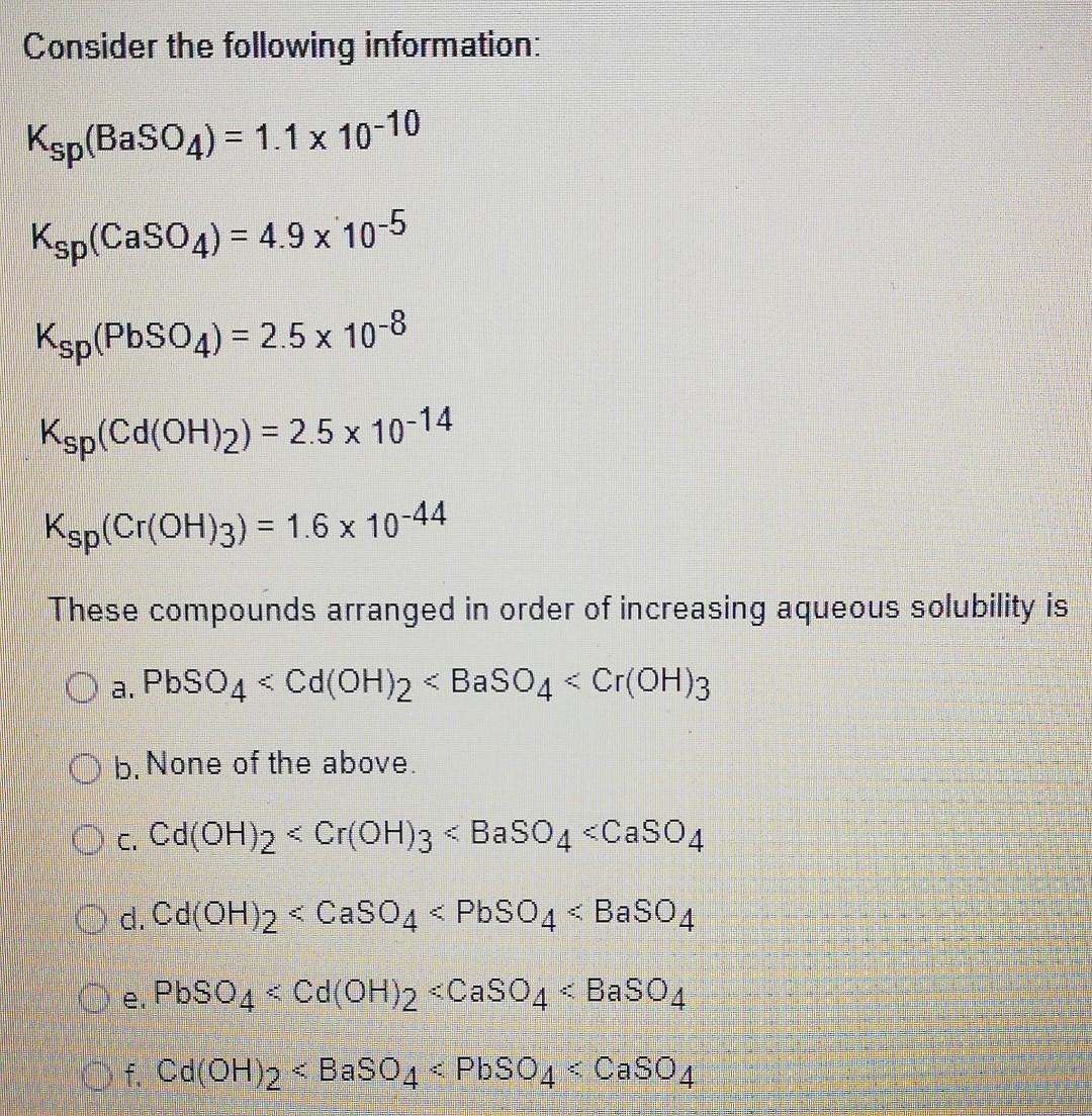 Solved Consider the following information: Ksp(BaSO4) = 1.1 | Chegg.com