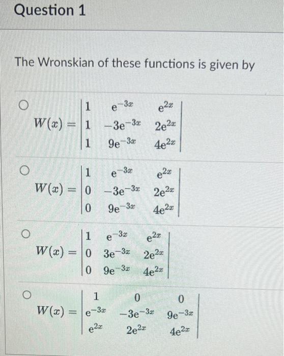 Solved Consider three functions: y1(x)=1,y2(x)=e−3x and | Chegg.com