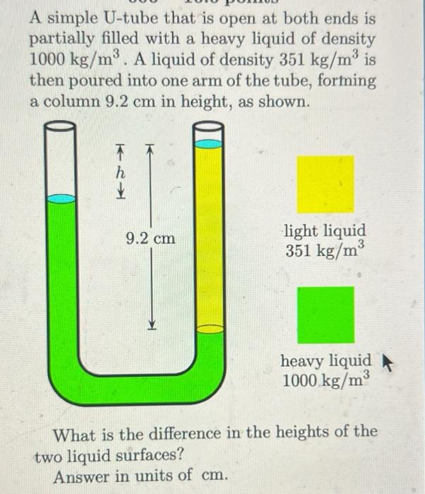 Solved A simple U-tube that is open at both ends is | Chegg.com