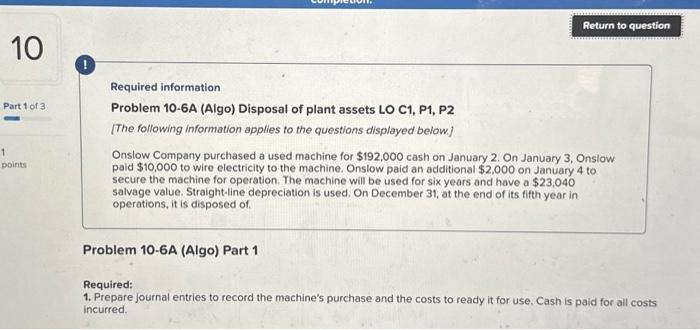 Solved Required information Problem 10-6A (Algo) Disposal of | Chegg.com