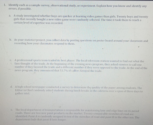 Solved Identify each as a sample survey, observational | Chegg.com