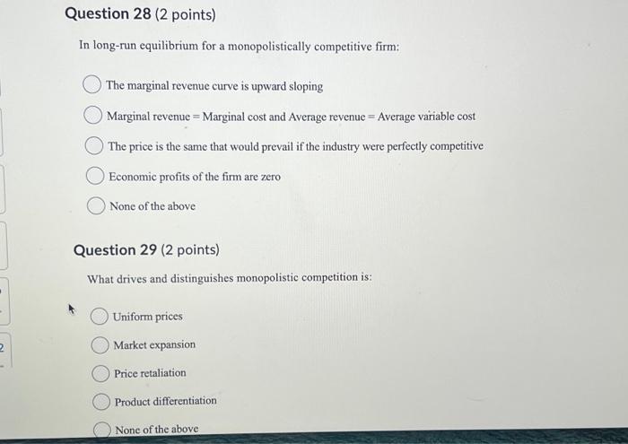Solved 2 Question 28 (2 points) In long-run equilibrium for | Chegg.com