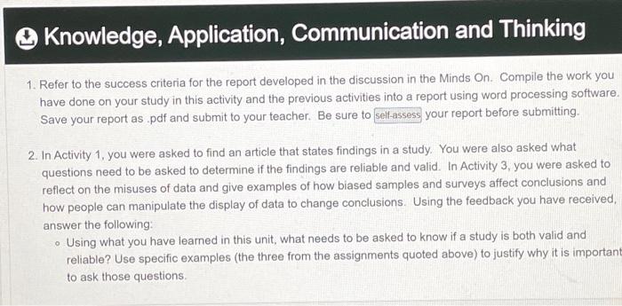 Solved Knowledge, Application, Communication and Thinking 1. | Chegg.com