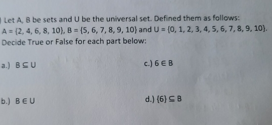 Solved Let A,B ﻿be sets and U ﻿be the universal set. Defined | Chegg.com