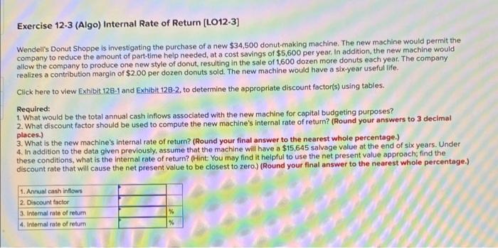 Solved Exercise 12-3 (Algo) Internal Rate of Return [LO12-3] | Chegg.com