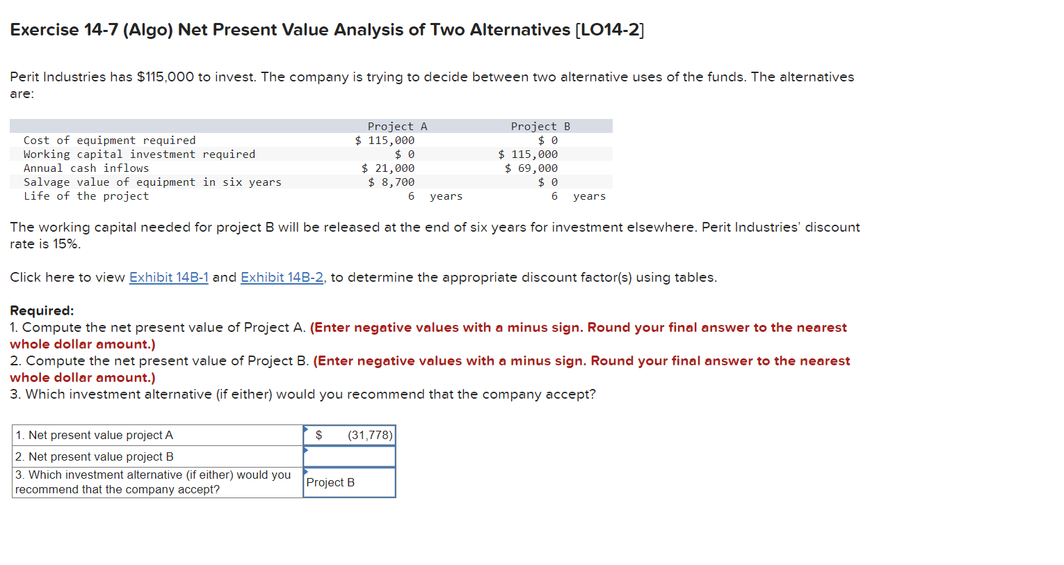Solved Exercise 14-7 (Algo) ﻿Net Present Value Analysis of | Chegg.com