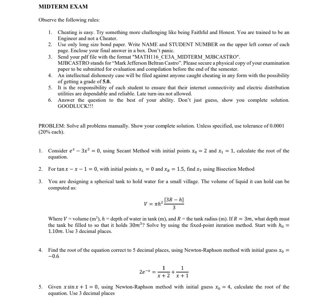Solved MIDTERM EXAM Observe the following rules: 1. Cheating | Chegg.com