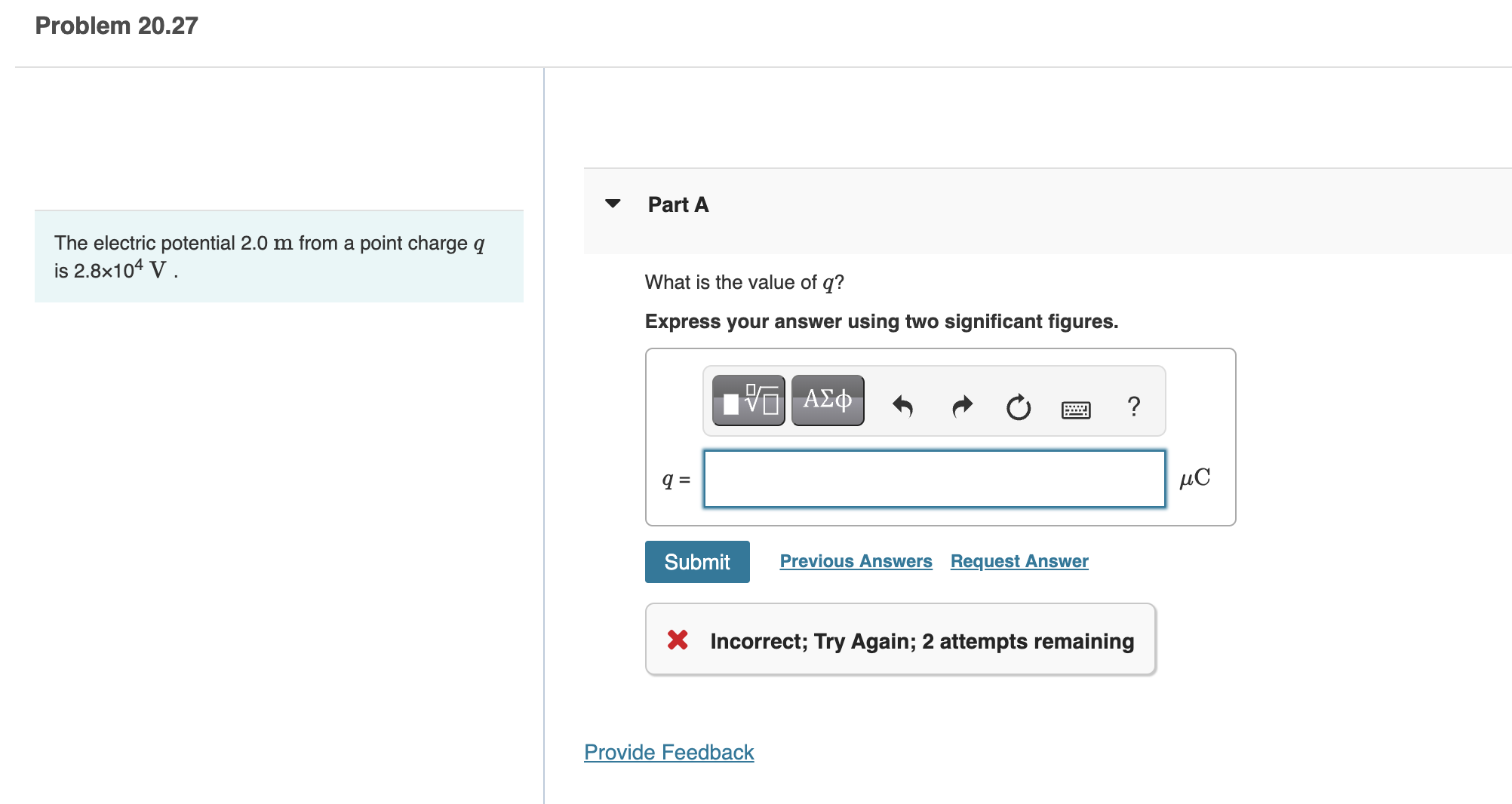 Solved Problem 20.27Part AThe electric potential 2.0m ﻿from | Chegg.com