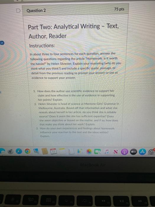 Solved Part Two: Analytical Writing - Text, Author, Reader | Chegg.com