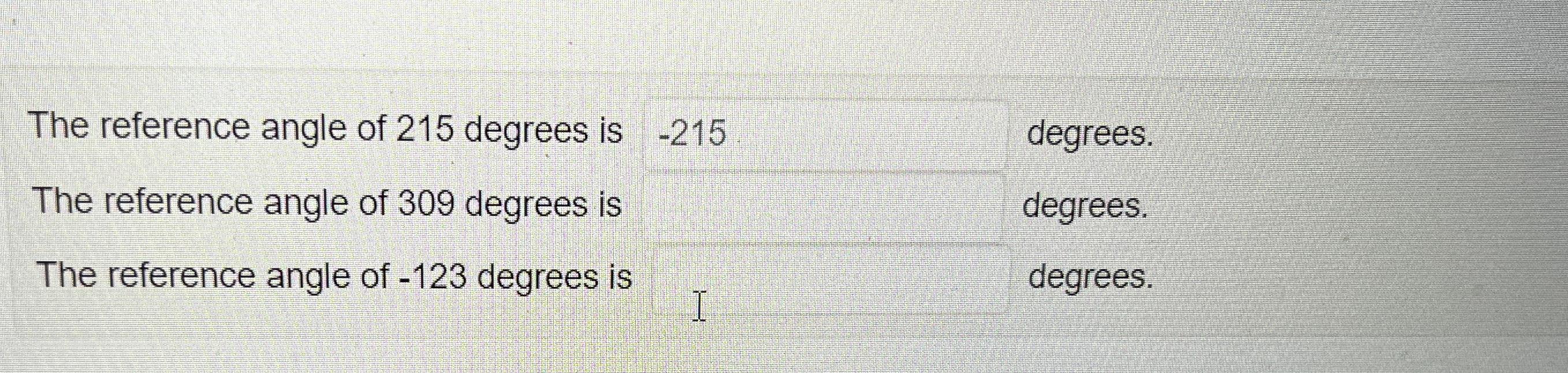 Solved The reference angle of 215 ﻿degrees is -215 | Chegg.com