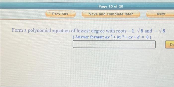 Solved Previous Page 15 of 20 Save and complete later Next | Chegg.com