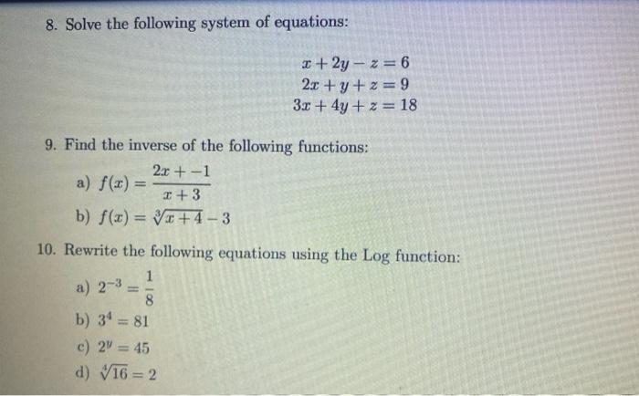 Solved 8. Solve the following system of equations: | Chegg.com