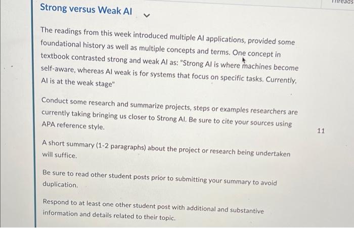 Solved Strong versus Weak Al V The readings from this week | Chegg.com