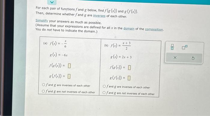 Solved For each pair of functions f and g below, find | Chegg.com