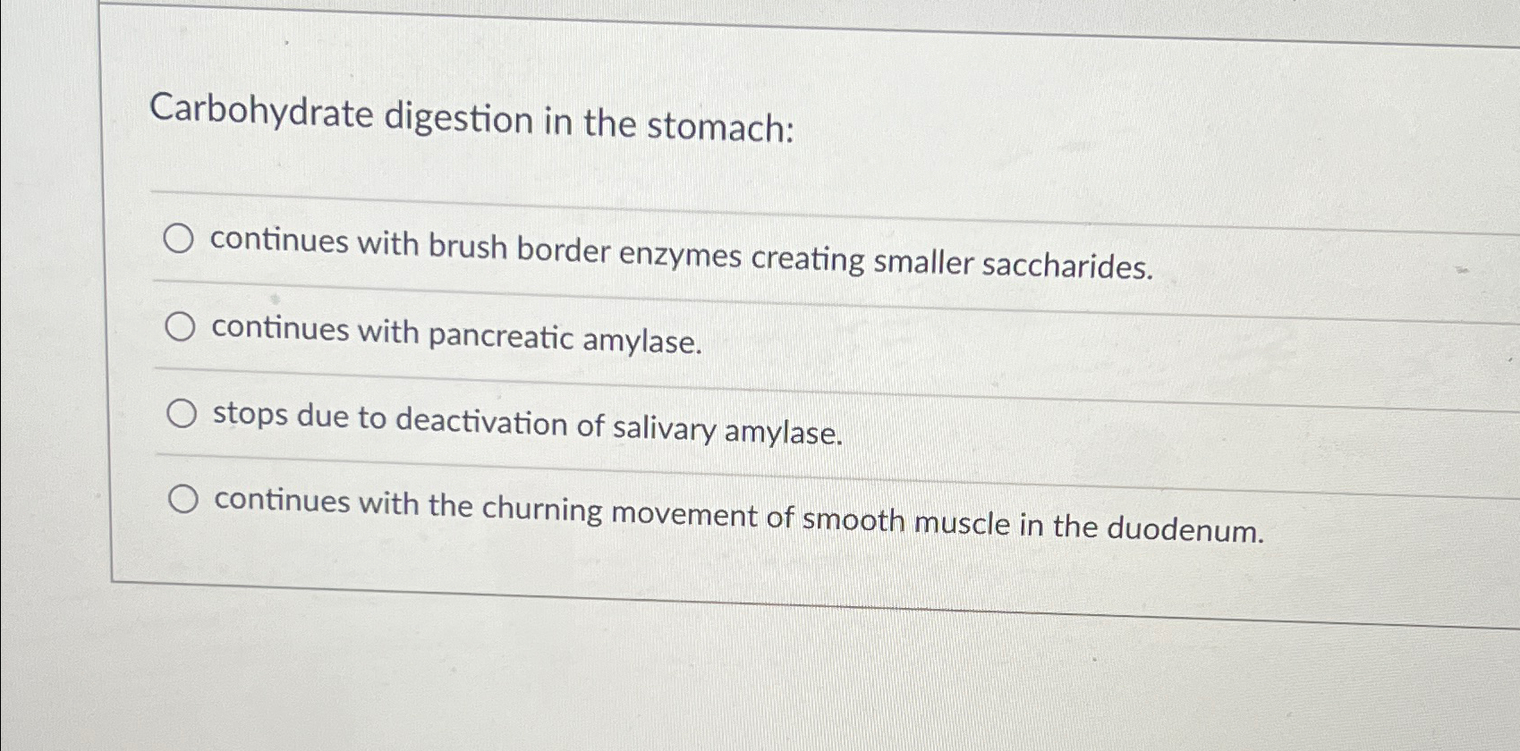 Solved Carbohydrate digestion in the stomach:continues with | Chegg.com