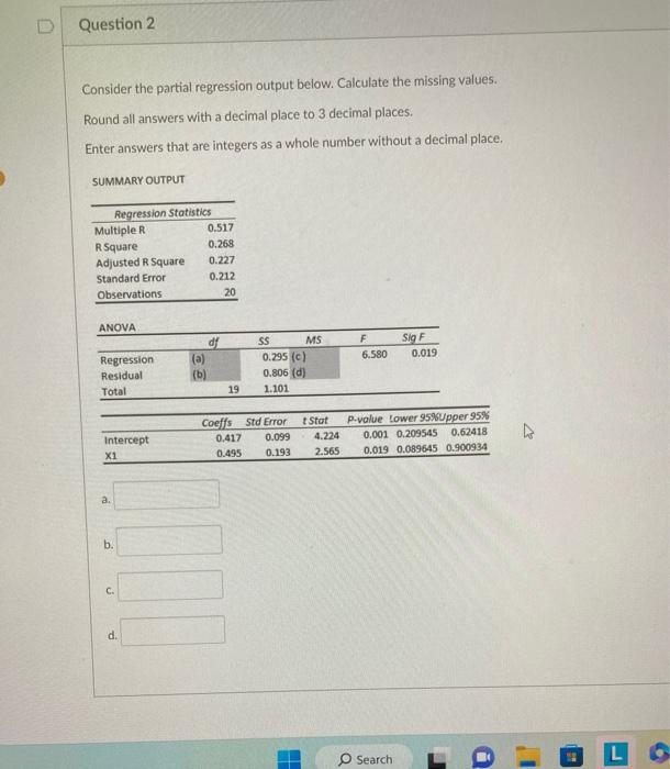 Solved Consider The Partial Regression Output Below 2364