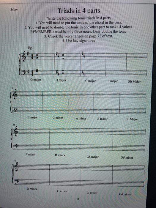 Score Triads in 4 parts Write the following tonic | Chegg.com