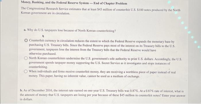 Solved Money, Banking, and the Federal Reserve System --- | Chegg.com