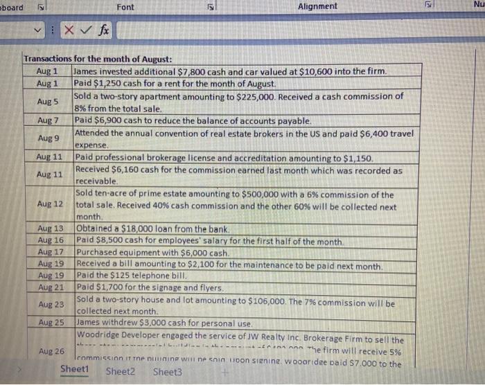 Transactions for the month of August: Sheet1 Sheet2 | Chegg.com