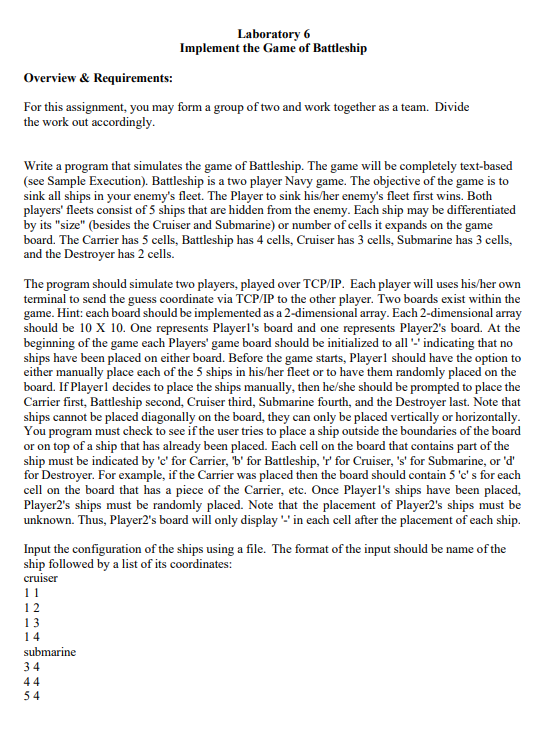 Solved Laboratory 6Implement the Game of BattleshipOverview | Chegg.com