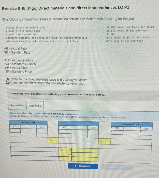 Solved Exercise 8-15 (Algo) Direct materials and direct | Chegg.com